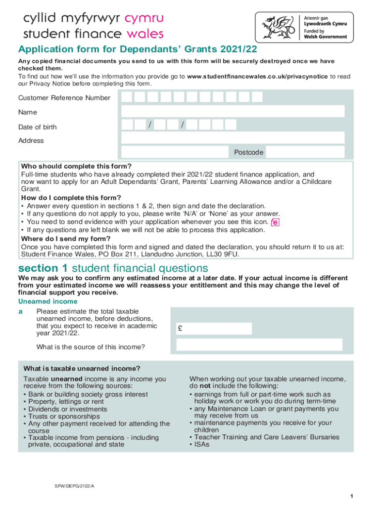 Fillable Online Student Finance Wales - Application for dependants grants form - 2021/22 ...