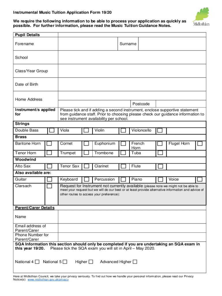 Fillable Online Fillable Music Tuition Application Form Instrumental ...
