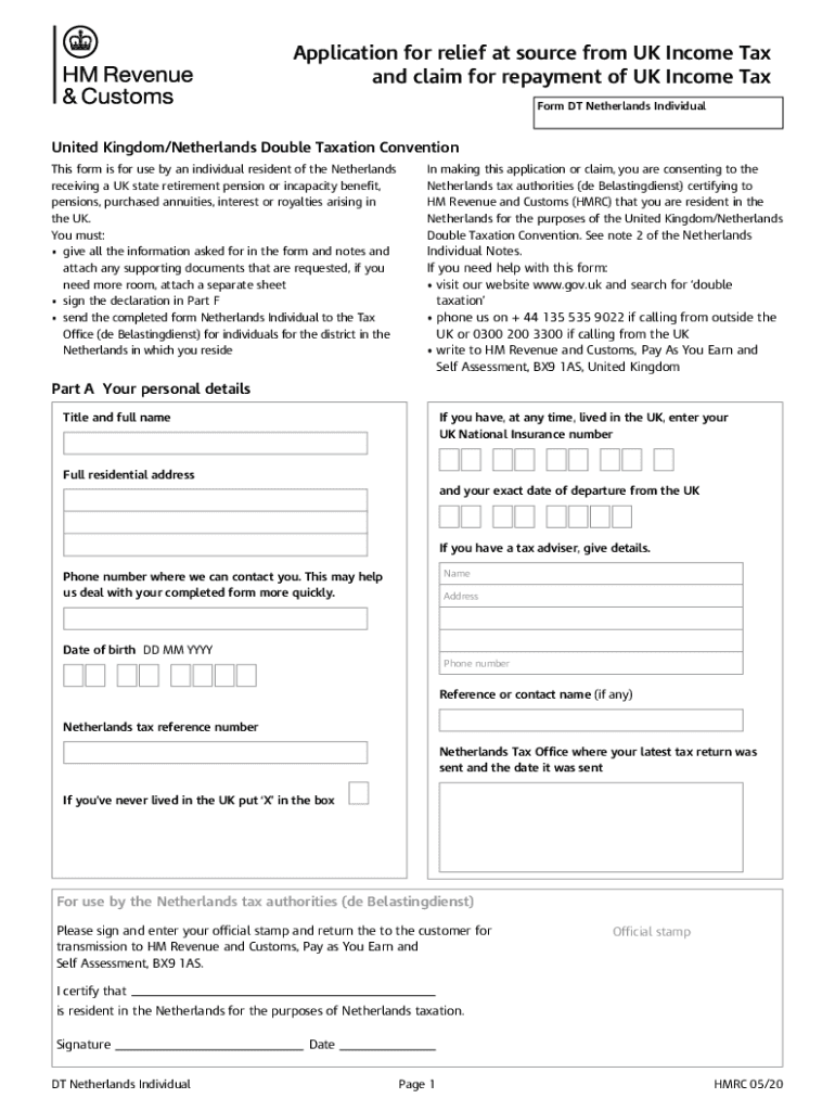 Fillable Online DT Individual Netherlands. Application to claim relief ...