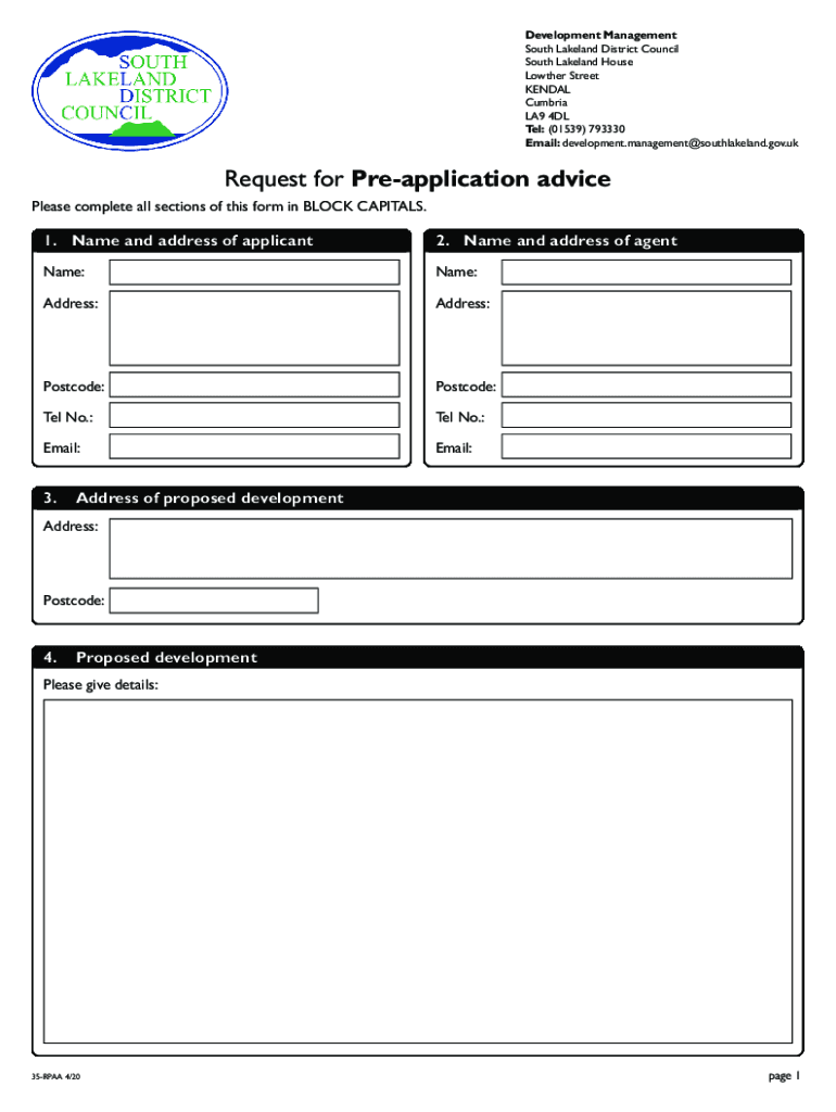Fillable Online Request for pre-application advice form - South ...