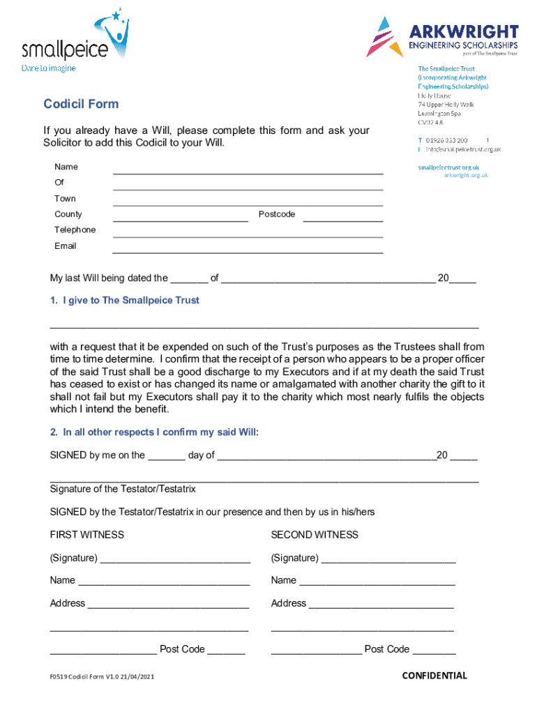 Fillable Online Codicil Form (To add to an existing Will) Fax Email ...