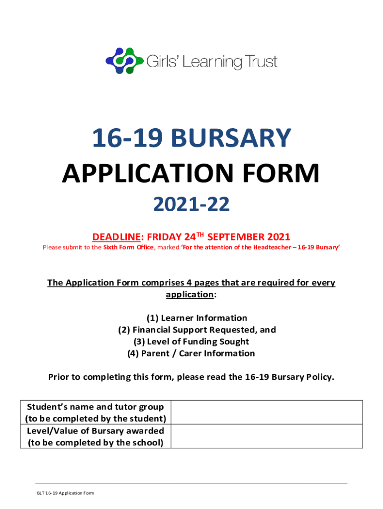 Fillable Online GLT 16-19 Bursary Application Form (2021-22) draft final Fax Email Print - pdfFiller