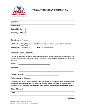 Fillable Online TENANT CONSENT FORM 3 Party - Haig Housing Fax Email ...