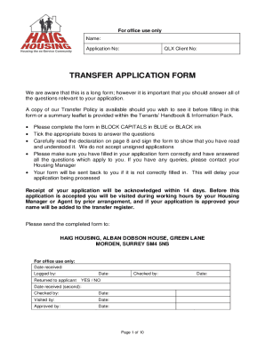Fillable Online TRANSFER APPLICATION FORM - Haig Housing Fax Email ...