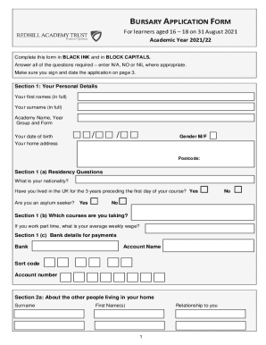 Fillable Online BURSARY APPLICATION FORM - theredhillacademy.org.uk Fax Email Print - pdfFiller