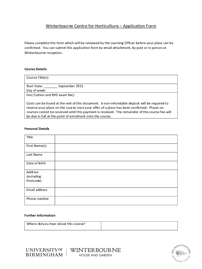 Fillable Online Winterbourne Centre for Horticulture Application Form ...
