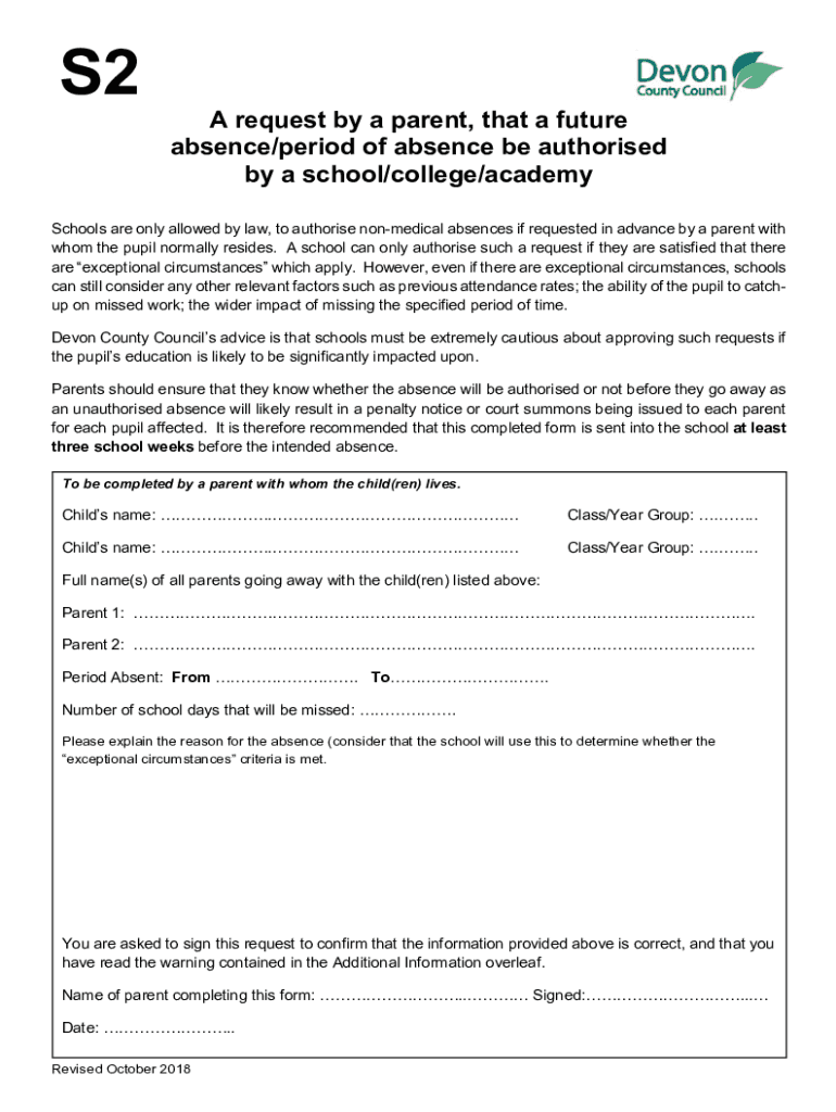 Fillable Online Absence Request S2 Form.docx Fax Email Print - pdfFiller