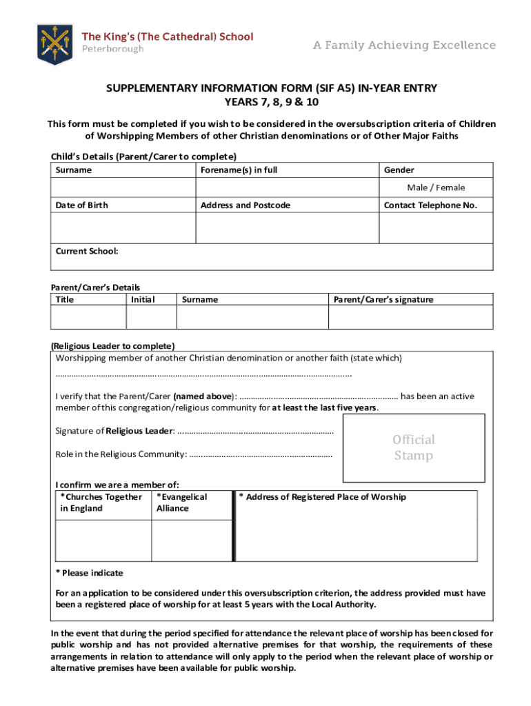 Fillable Online SUPPLEMENTARY INFORMATION FORM (SIF A5) IN-YEAR ENTRY ...