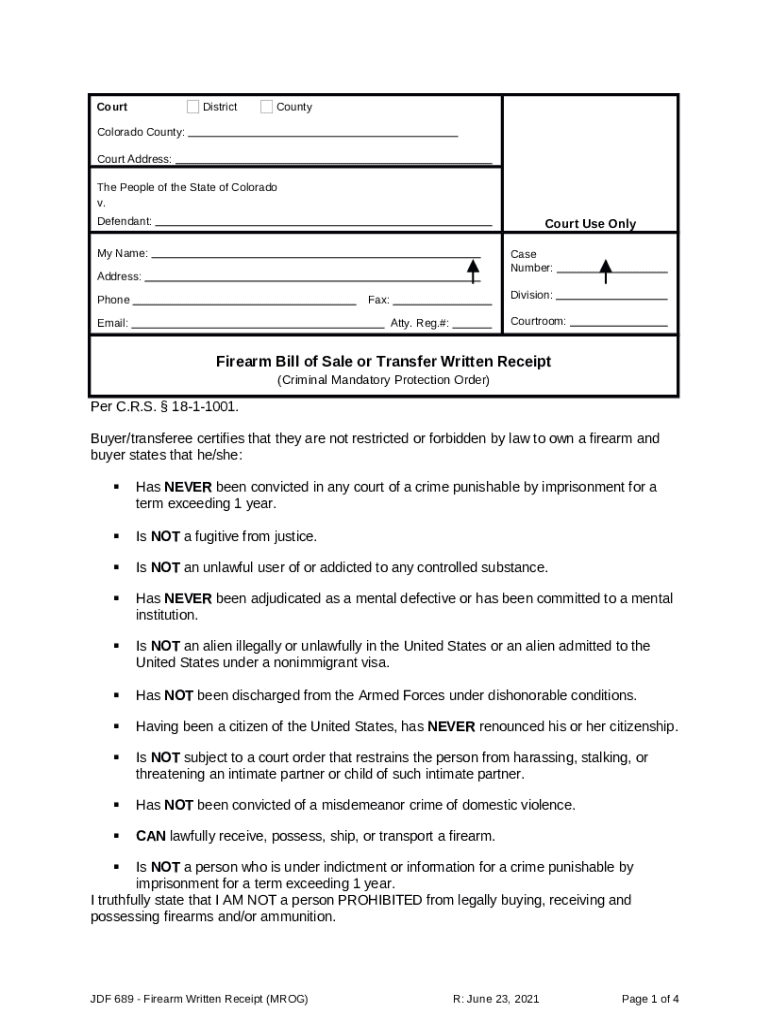 Firearm Bill of Sale or Transfer Written Receipt Doc Template | pdfFiller