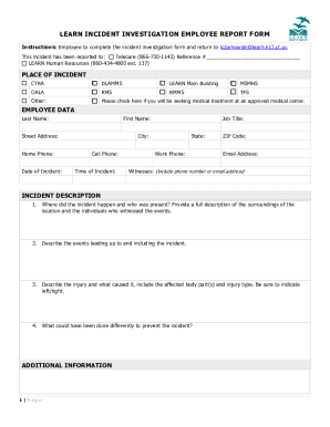 Fillable Online LEARN INCIDENT INVESTIGATION EMPLOYEE REPORT FORM Fax ...