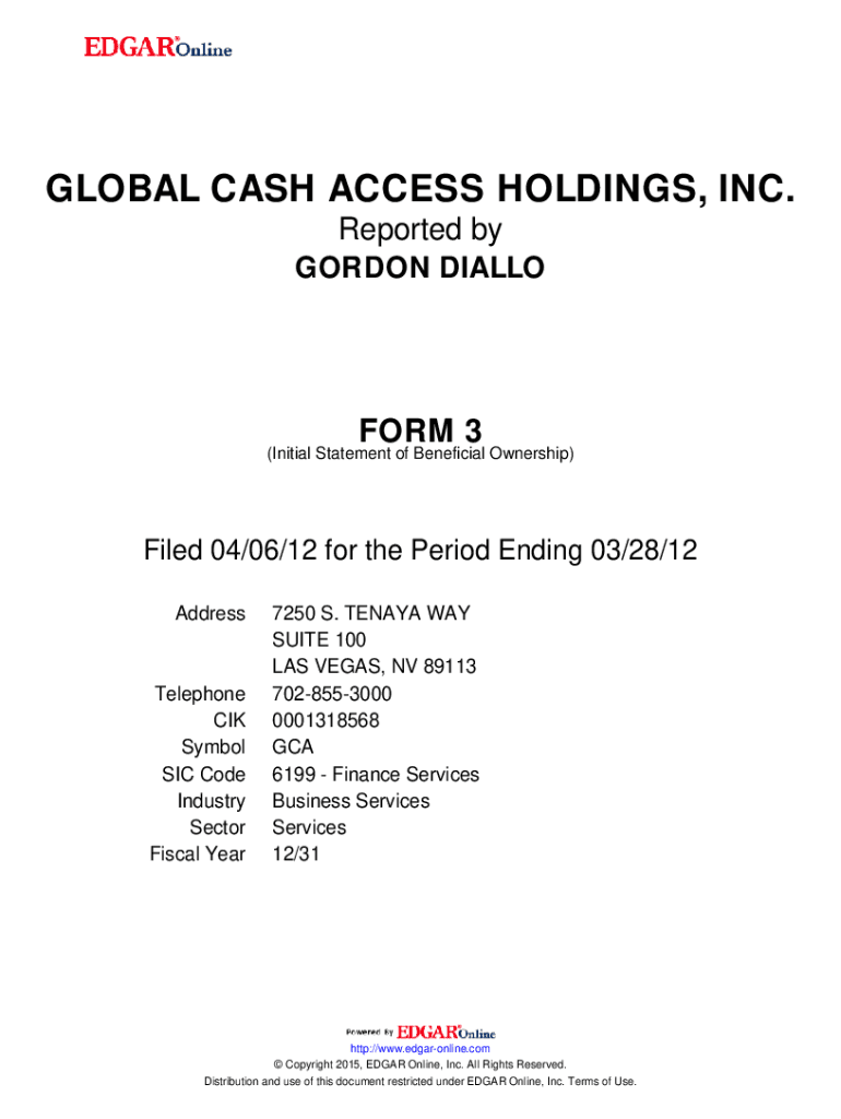 Fillable Online GLOBAL CASH ACCESS HOLDINGS, INC.. FORM 3 (Initial ...