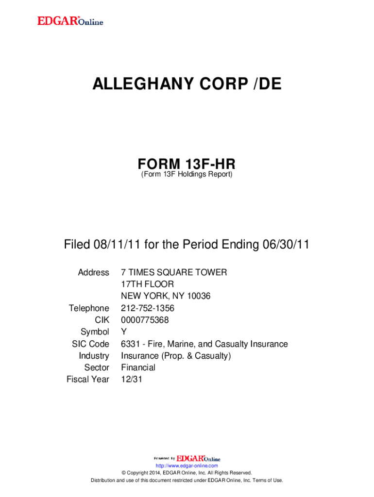 Fillable Online ALLEGHANY CORP /DE. FORM 13F-HR (Form 13F Holdings ...