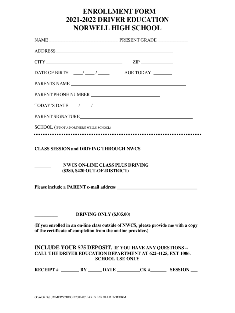 Fillable Online EARLY ENROLLMENT FORM - nwcs.k12.in.us Fax Email Print ...