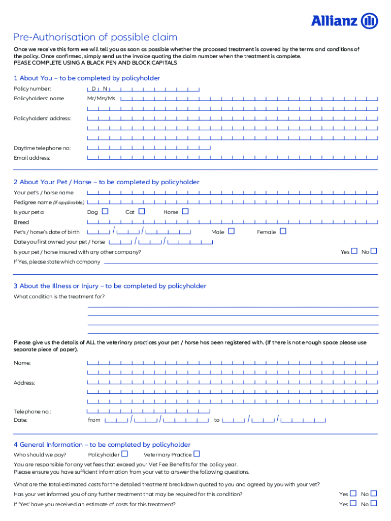 Fillable Online Get the free petplan pre authorisation form - pdfFiller ...