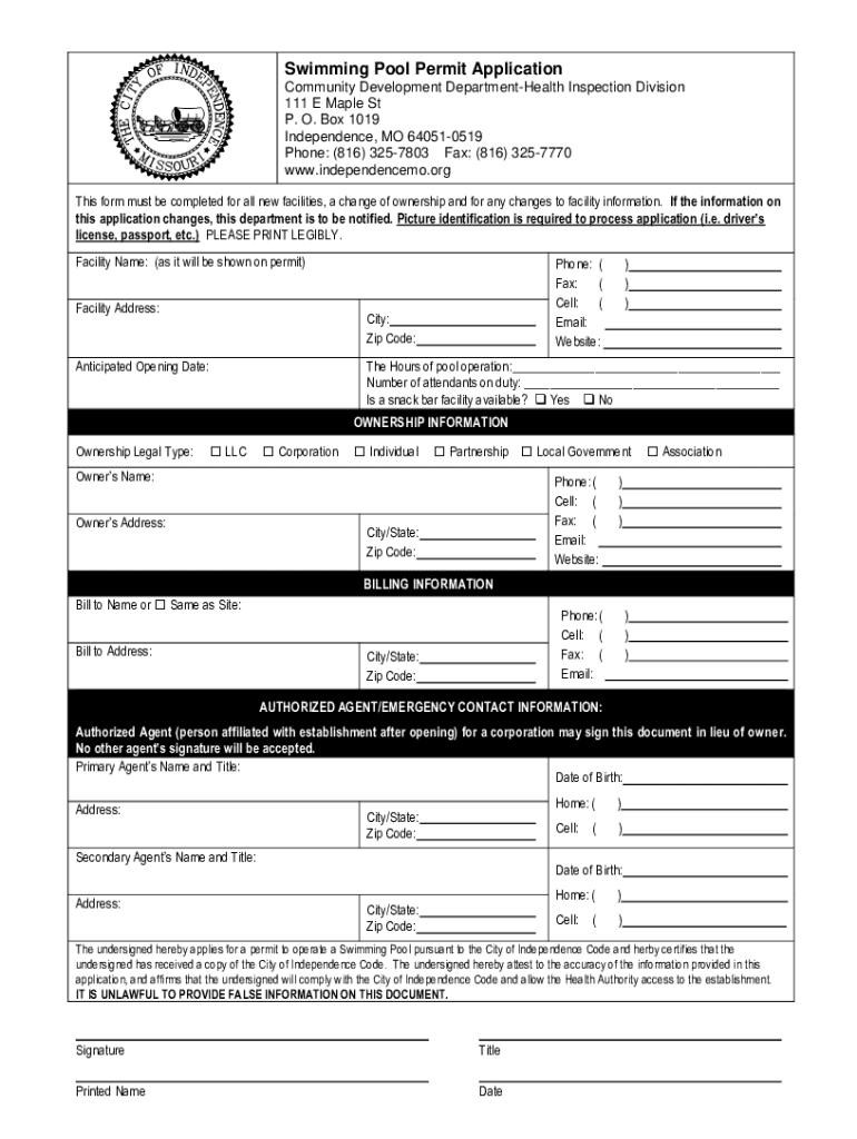 Fillable Online Swimming Pool Permit Application Community Development ...