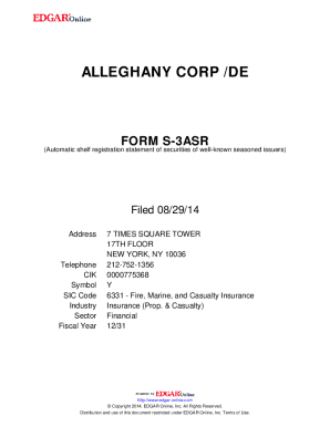 Fillable Online ALLEGHANY CORP /DE. FORM S-3ASR (Automatic shelf registration statement of ...