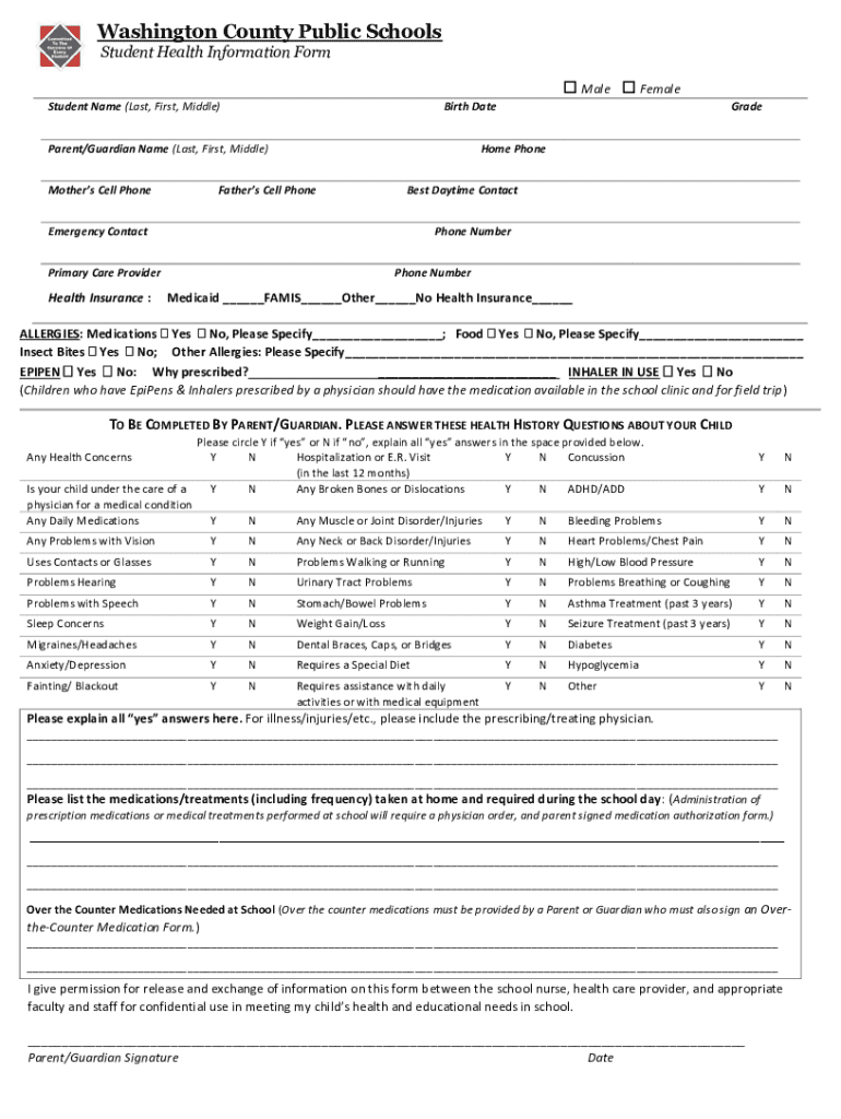Fillable Online Washington County Public Schools Student Health Information Forms Fax Email ...