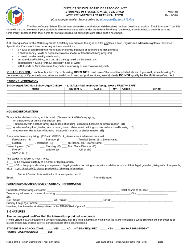 Fillable Online Students In Transition Program (S.I.T.) - Pasco County ...