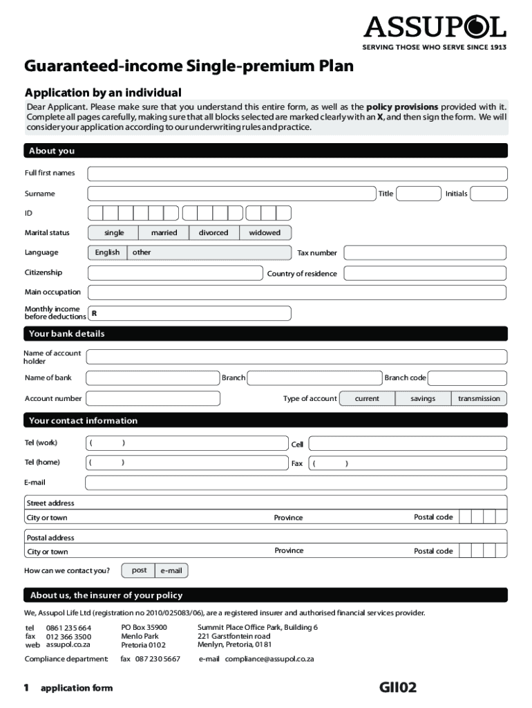 Fillable Online Assupol Guaranteed-income Single-premium Policy ...