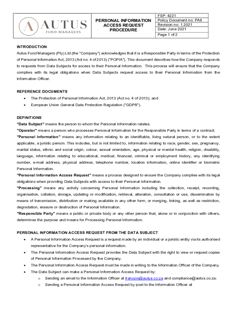 Fillable Online PA8 - Personal Information Access Request Procedure AFM ...