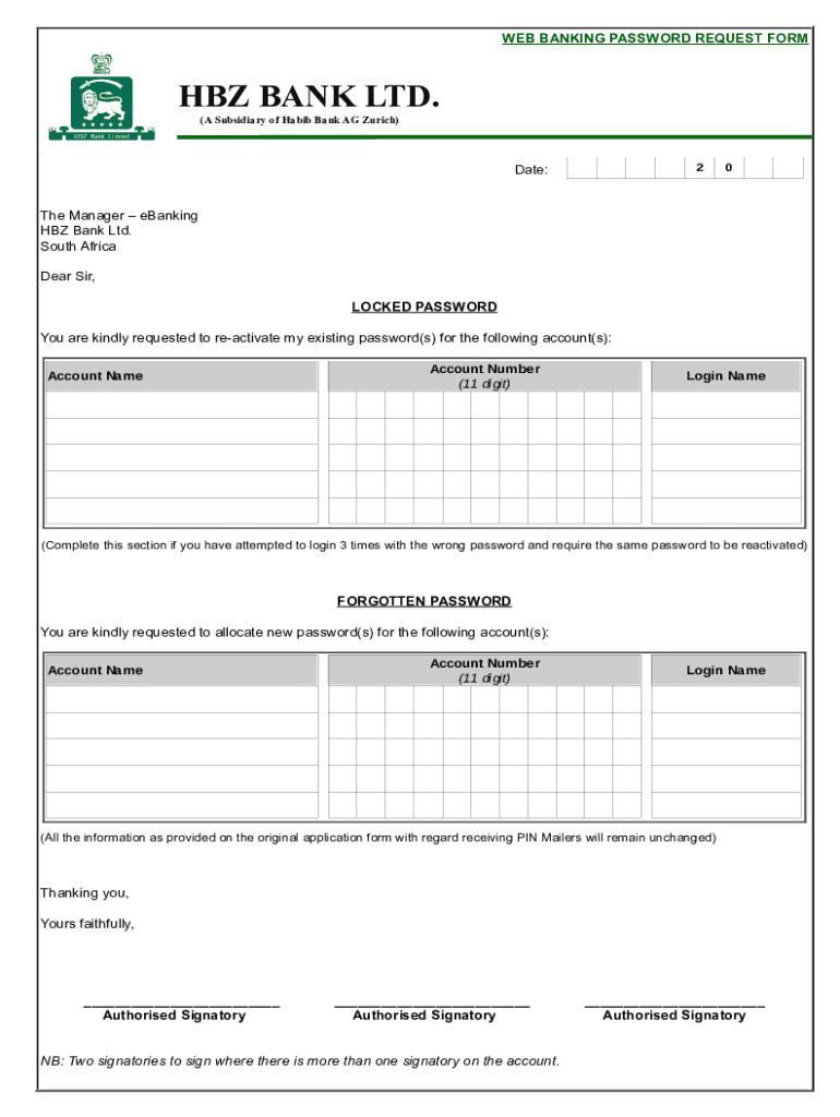 Fillable Online Web Banking Password Reset Form - HBZ Bank Ltd Fax Email Print - pdfFiller
