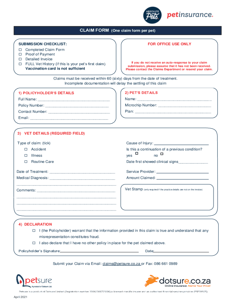 Fillable Online CLAIM FORM (One claim form per pet) SUBMISSION ...