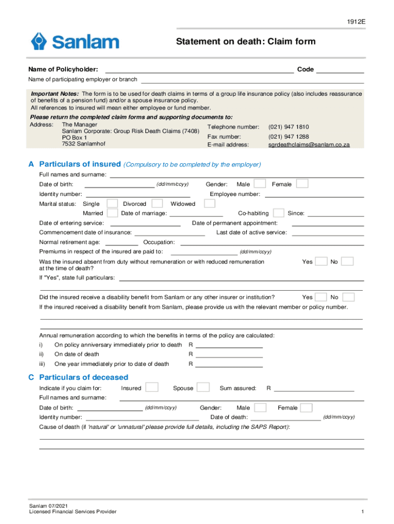 Fillable Online Statement on death: Claim form Fax Email Print - pdfFiller