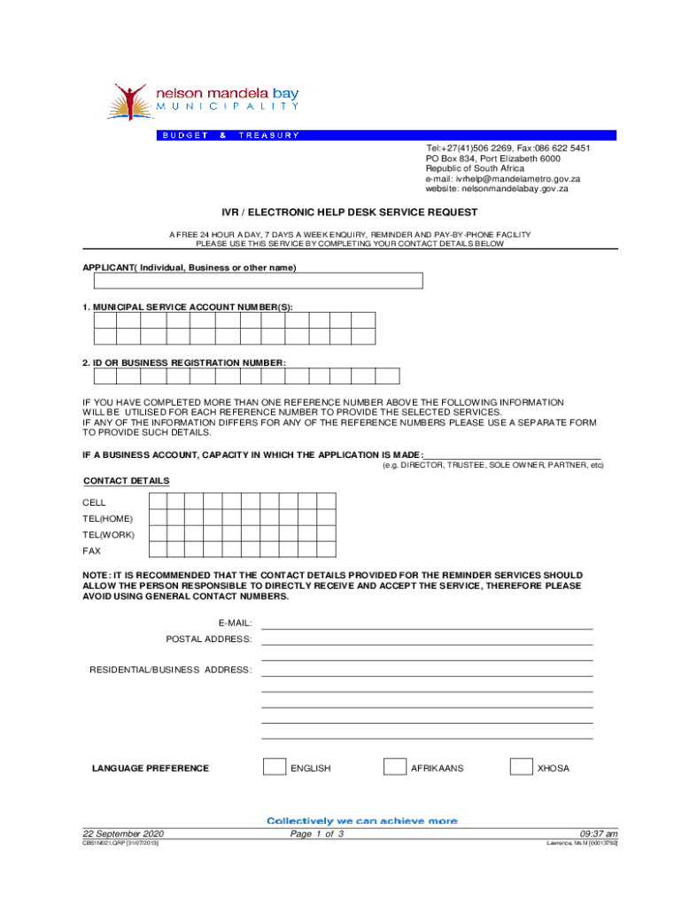 Fillable Online IVR / ELECTRONIC HELP DESK SERVICE REQUEST Fax Email ...