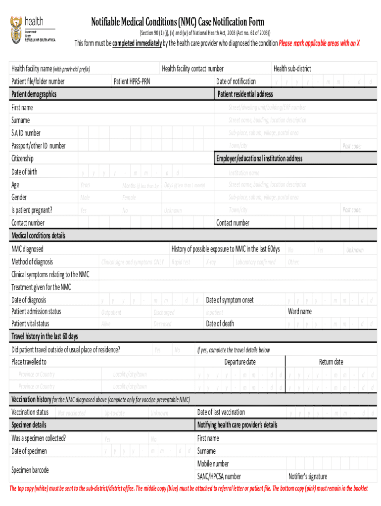 Fillable Online Notifiable Medical Conditions (NMC) Case Notification Form (version ... - Ideal ...