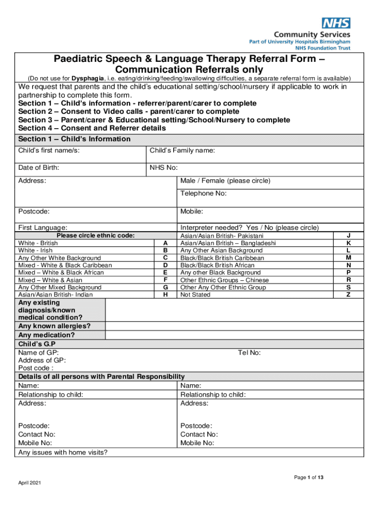 Fillable Online SPEECH & LANGUAGE THERAPY SERVICE REFERRAL FORM - SEND ...