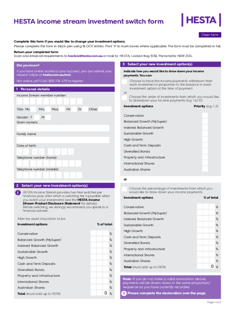 Fillable Online HESTA Income stream investment switch form. Complete ...