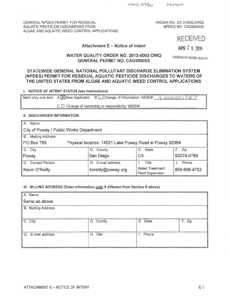 Fillable Online E. Attachment E Notice of Intent - waterboards.ca.gov Fax Email Print - pdfFiller