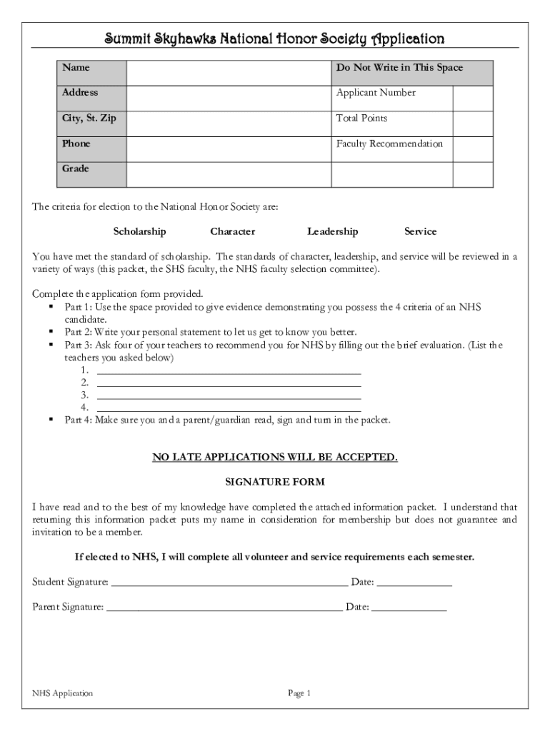 Fillable Online Summit Skyhawks National Honor Society Application Fax ...