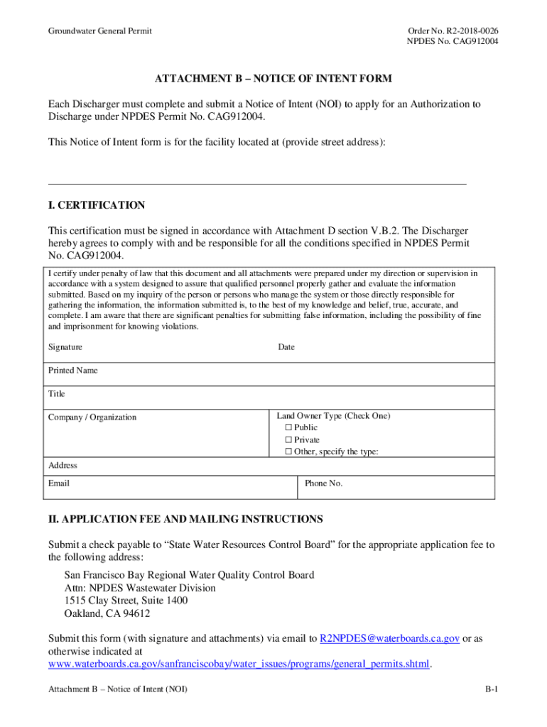 Fillable Online B ATTACHMENT B NOTICE OF INTENT FORM - waterboards.ca.gov Fax Email Print ...