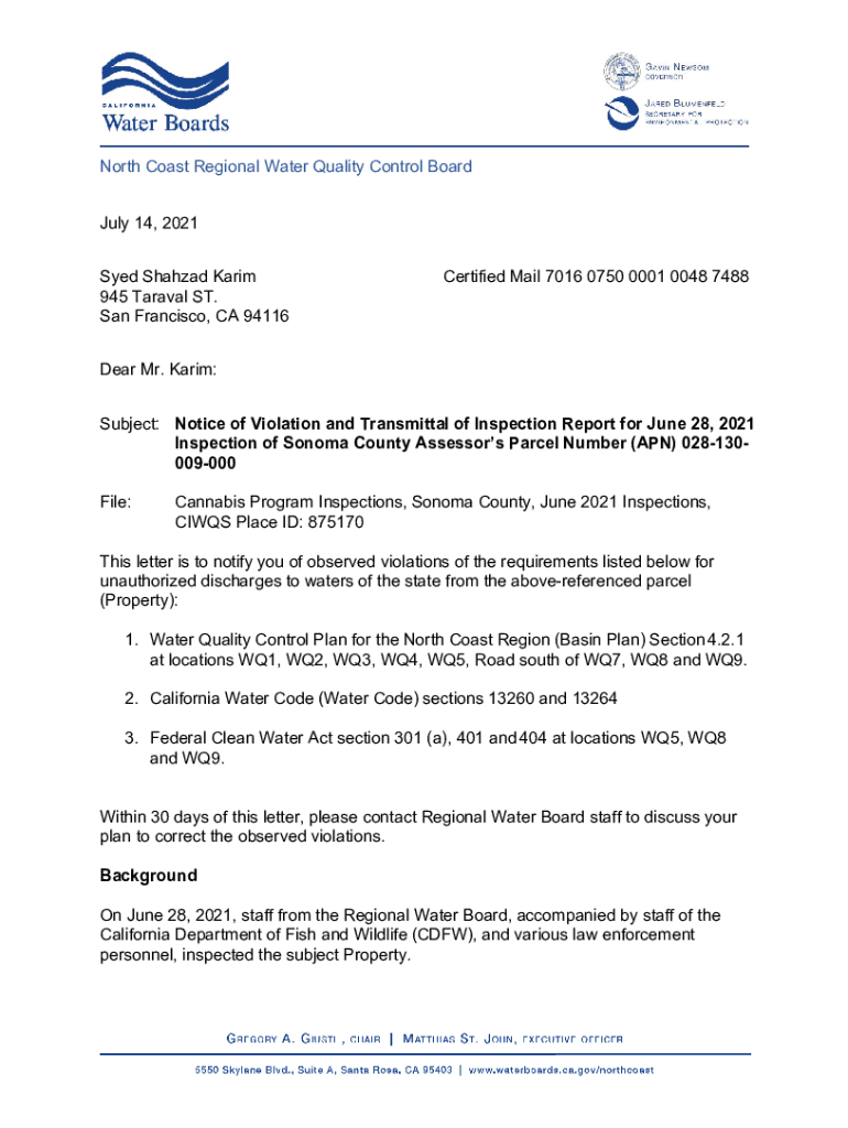 Fillable Online North Coast Regional Water Quality Control Board July ...