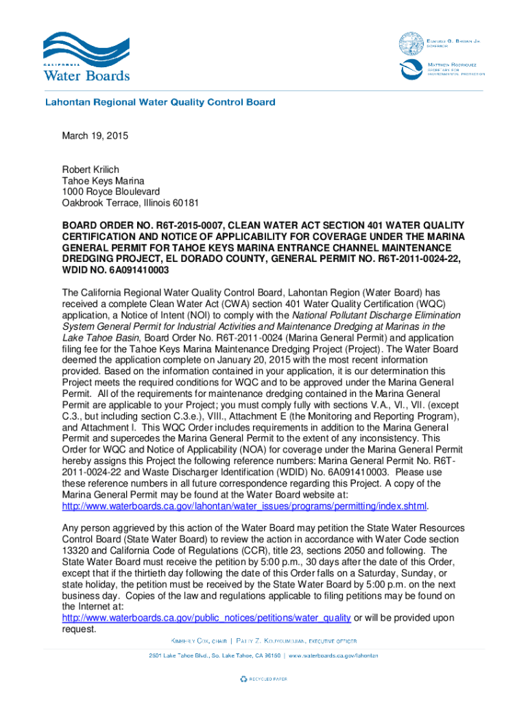 Fillable Online BOARD ORDER NO. R6T-2015-0007, CLEAN WATER ACT SECTION ...