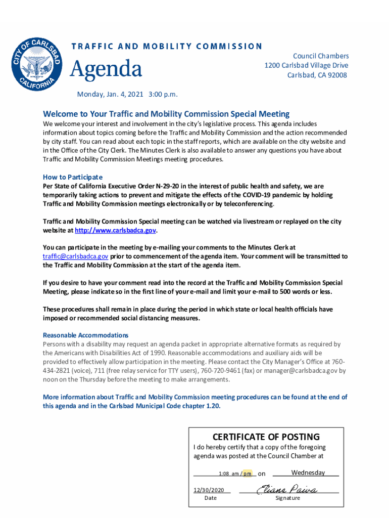 Fillable Online Welcome to Your Traffic and Mobility ... - Carlsbad ...