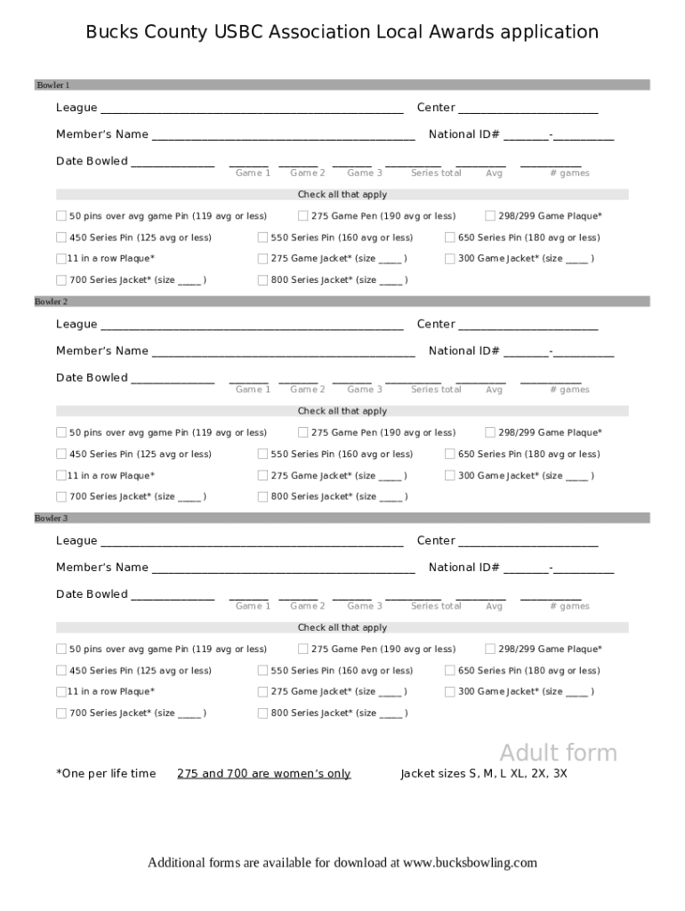 Bucks County USBC Association Local Awards application Doc Template ...