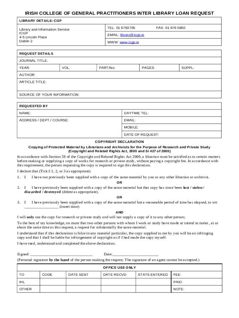 IRISH COLLEGE OF GENERAL PRACTITIONERS INTER LIBRARY LOAN REQUEST Doc Template | pdfFiller