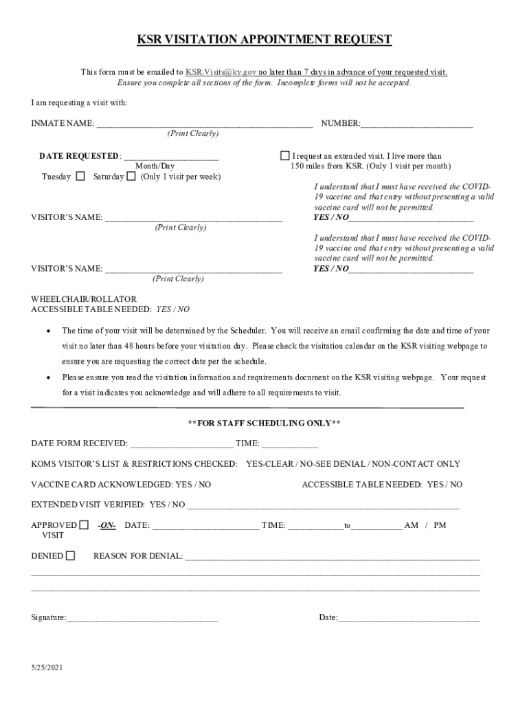 Fillable Online corrections ky 6a KSR VISITATION APPOINTMENT REQUEST ...