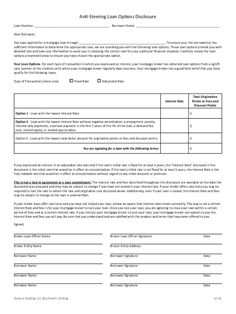 Fillable Online Sample Anti-Steering Loan Options Disclosure Exhibit 5 ...
