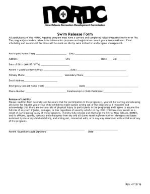 Fillable Online Swim Release Form Fax Email Print - pdfFiller