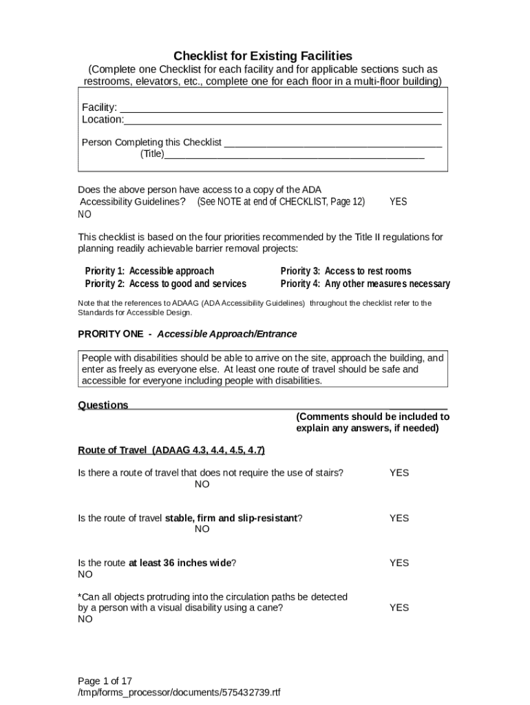Checklist for Existing Facilities version 2 - ADA Doc Template | pdfFiller