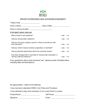 Fillable Online Motor Vehicle Use Program Driver Acknowledgement Form ...