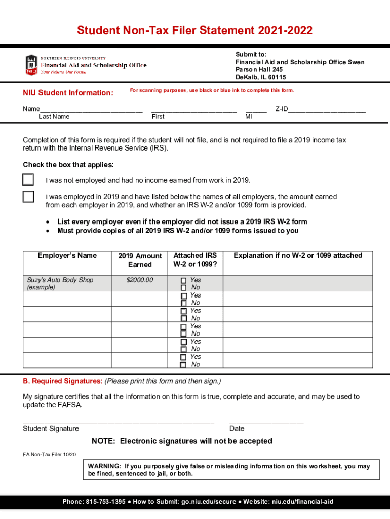 Fillable Online Student Non-Tax Filer Statement 202 - NIU Fax Email ...
