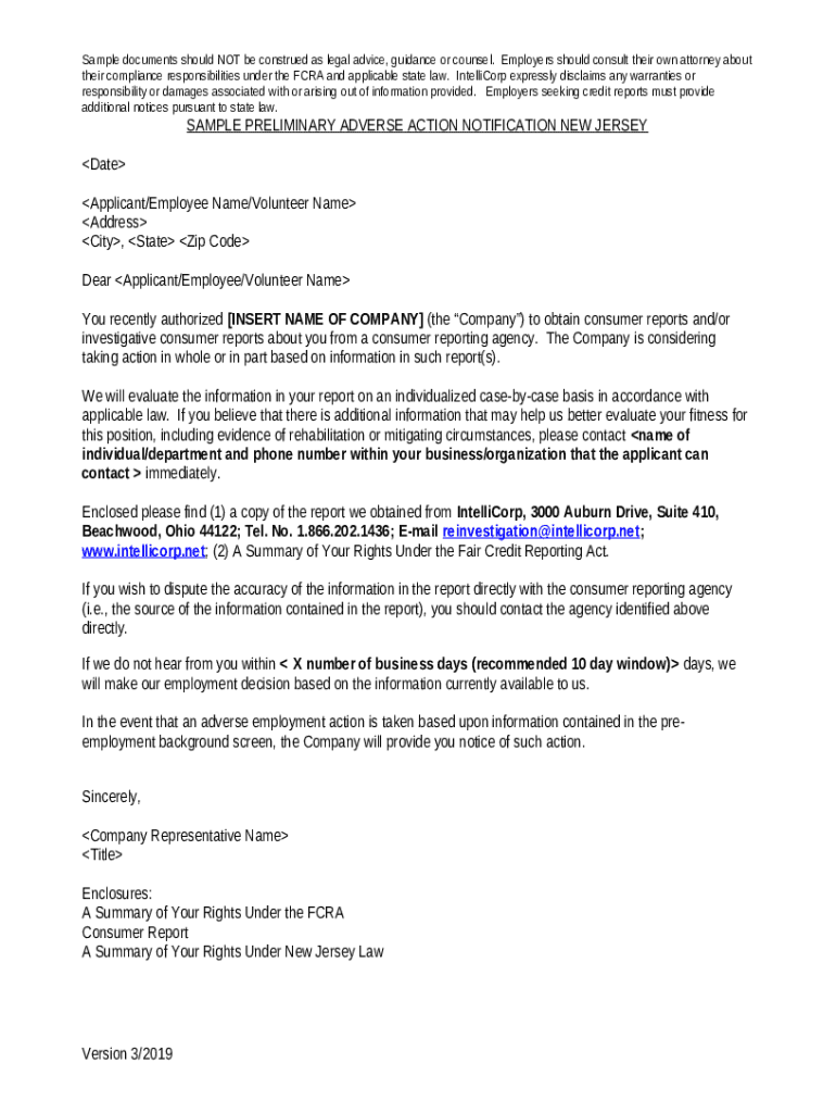 SAMPLE PRELIMINARY ADVERSE ACTION NOTIFICATION NEW JERSEY Doc Template ...