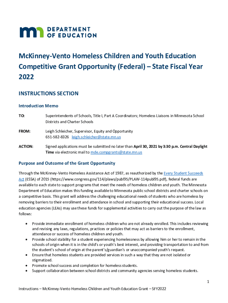 Fillable Online education mn Instructions - McKinney-Vento Homeless Children and Youth Education ...