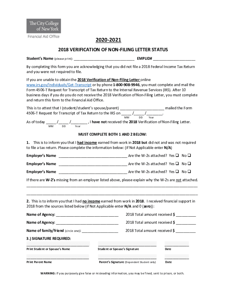 Fillable Online 2018 VERIFICATION OF NON-FILING LETTER STATUS Fax Email ...
