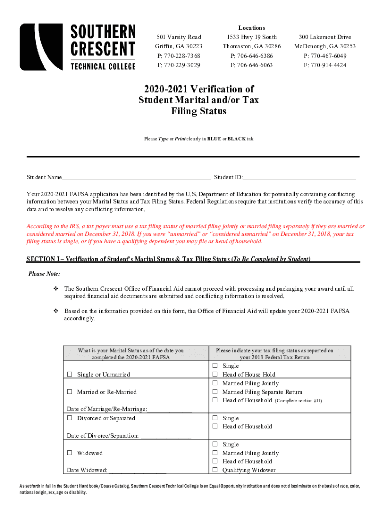 Fillable Online Student Marital and Tax Filing Status Form 20-21 Fax ...