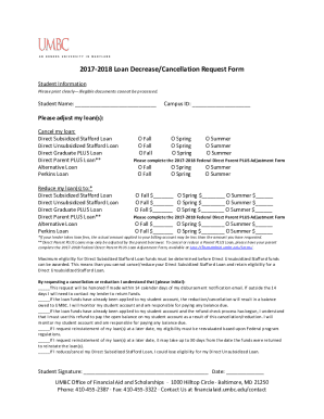 Fillable Online financialaid umbc 2017-2018 Loan Decrease/Cancellation ...